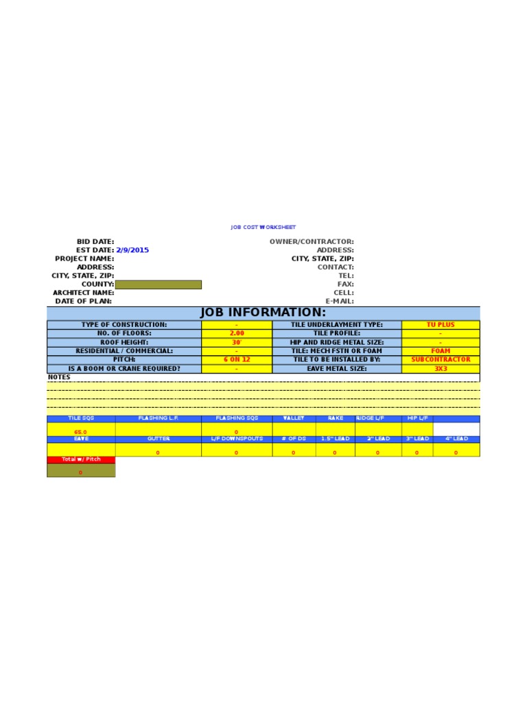 Job Information:: Bid Date: Est Date: Project Name: City, State, Zip ...