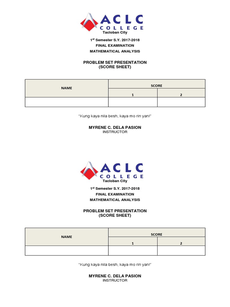 Problem Set Presentation (Score Sheet) : "Kung Kaya Nila Besh, Kaya Mo Rin Yan!" | PDF ...