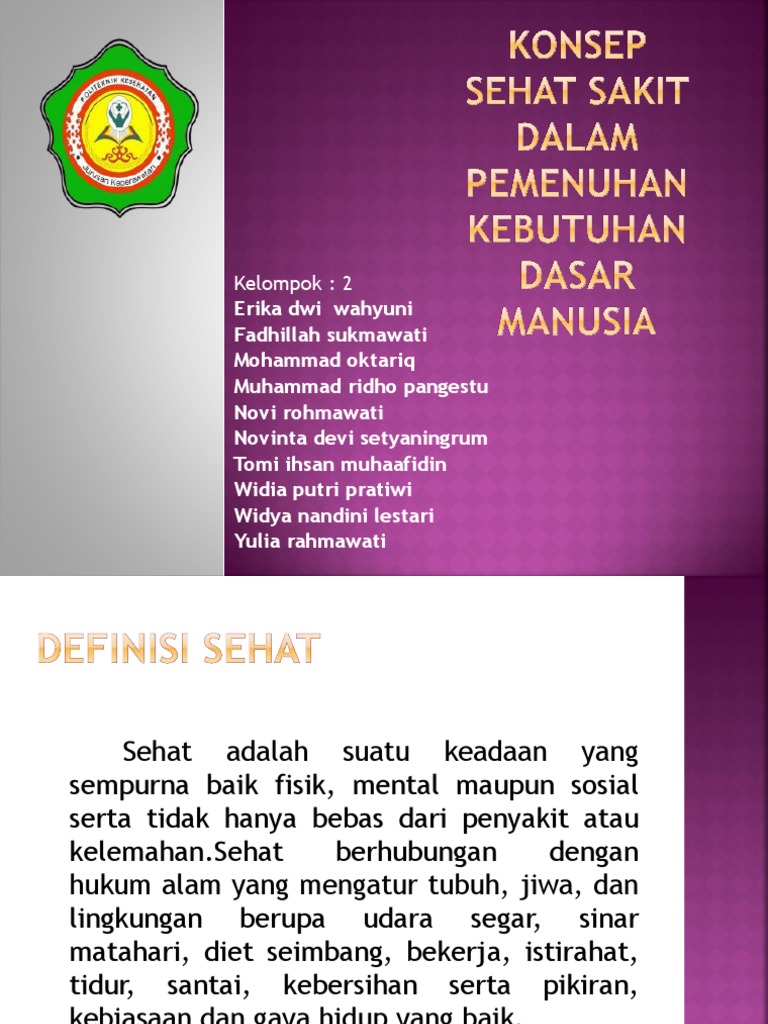 TK.1 PPT Konsep Sehat Sakit Dalam Pemenuhan Kebutuhan Dasar Manusia - (KDM) | PDF
