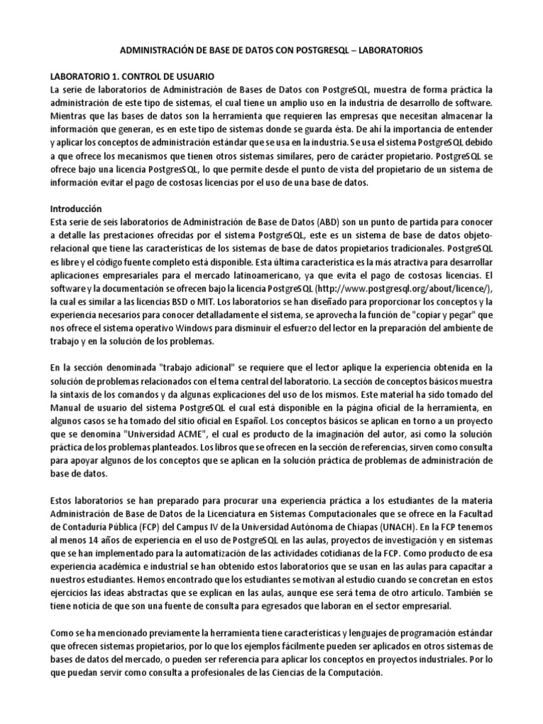 Administración De Base De Datos Con Postgresql Laboratorios Pdf 7907