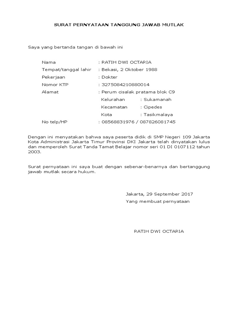 SURAT PERNYATAAN TANGGUNG JAWAB MUTLAK | PDF