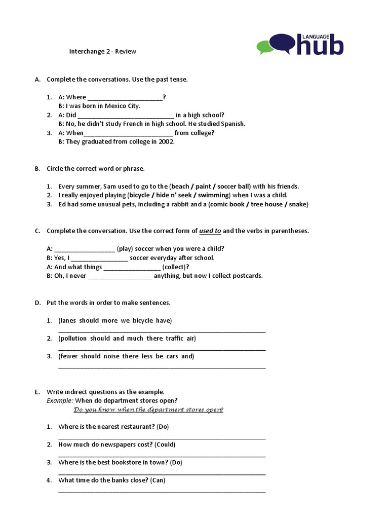 Interchange 2 Review 1-6 | PDF | Cognitive Science | Grammar