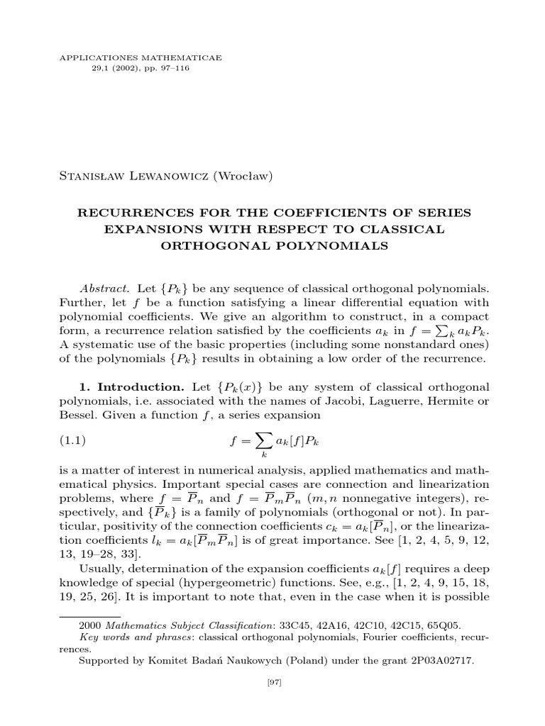Recurrences For The Coefficients of Series Expansions With Respect To Classical Orthogonal ...