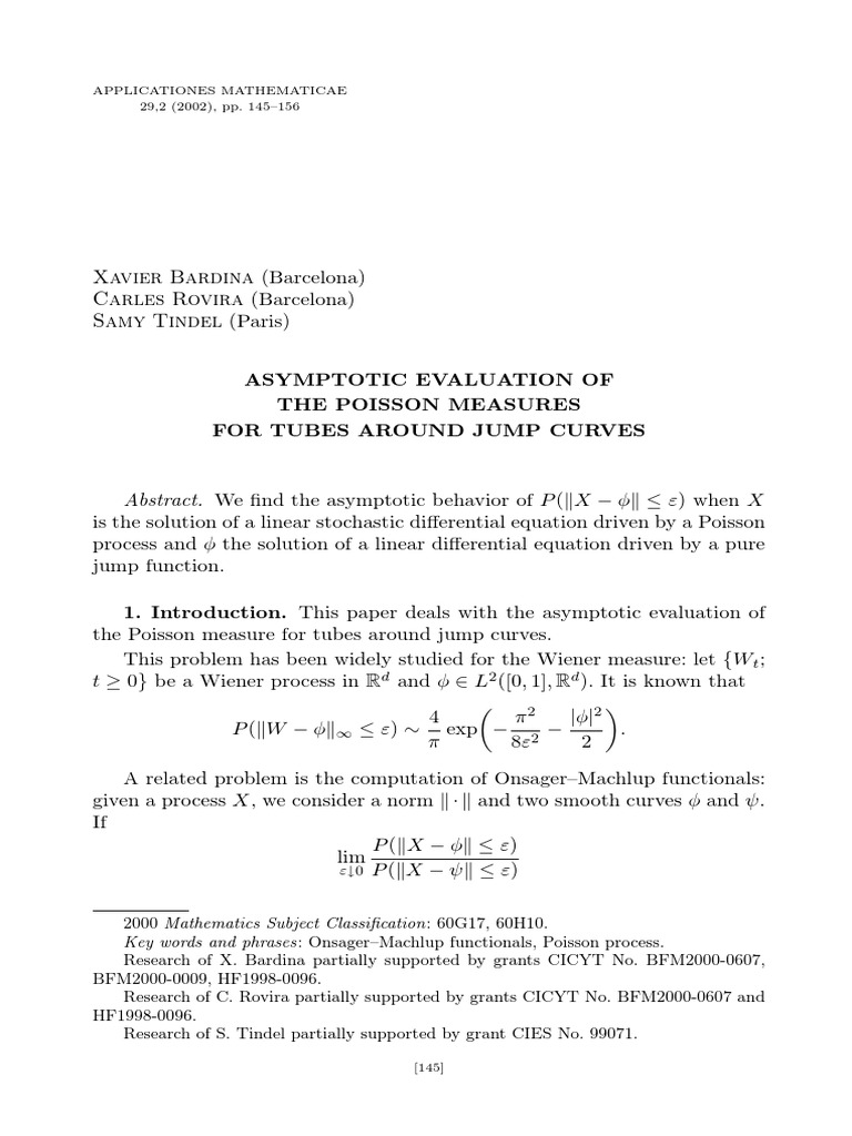 Asymptotic Evaluation of The Poisson Measures For Tubes Around Jump Curves | PDF | Stochastic ...