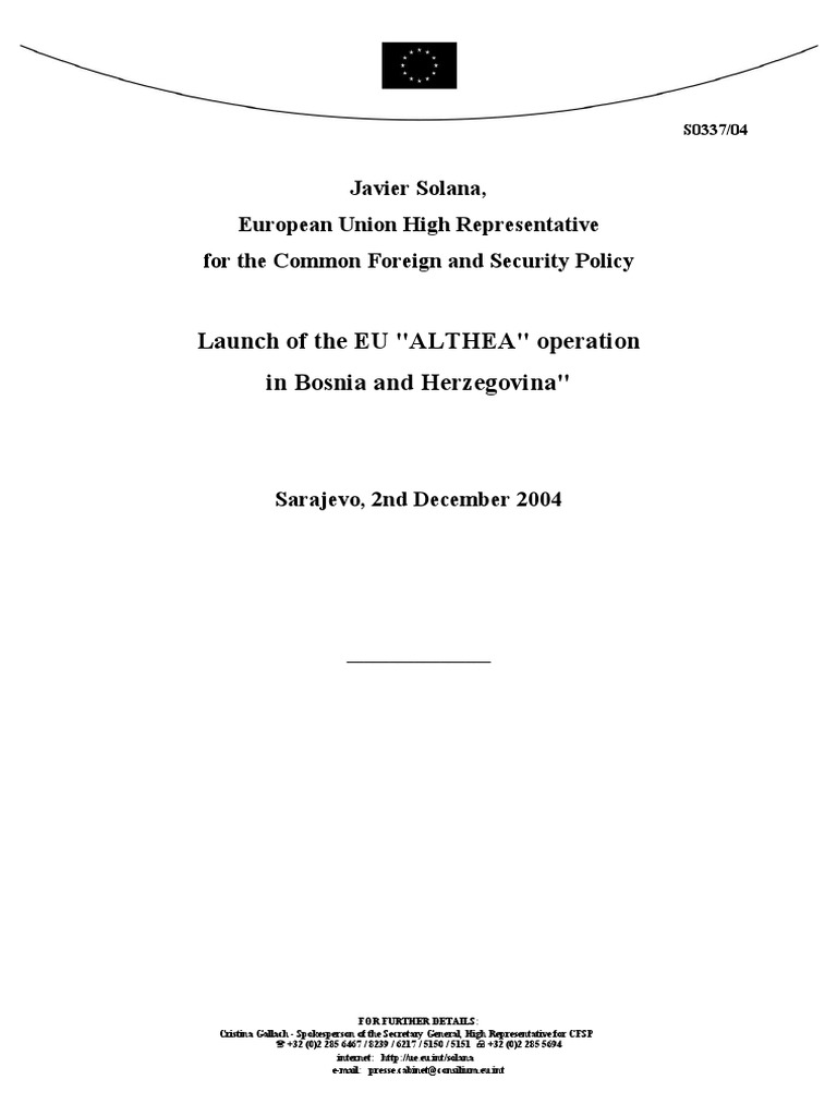 Launch of EUFOR ALTHEA in Bosnia | PDF | European Union | Nato