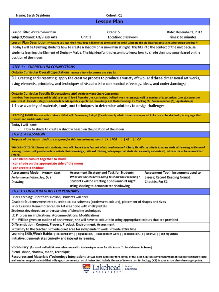 Lesson Plan: Step 1: Curriculum Connections | PDF | Lesson Plan ...