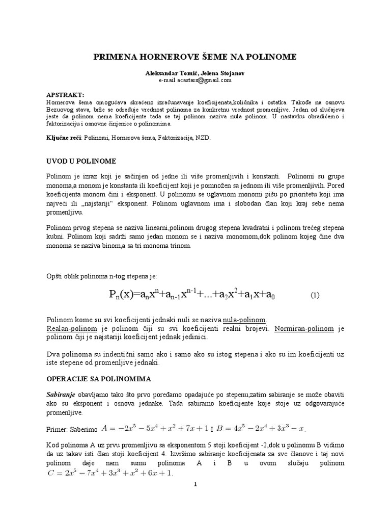 Polinomi I Hornerova Shema | PDF