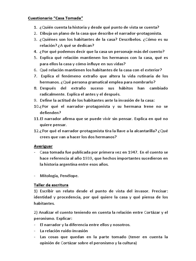 Cuestionario Casa Tomada | PDF | Historia | Libros para adolescentes