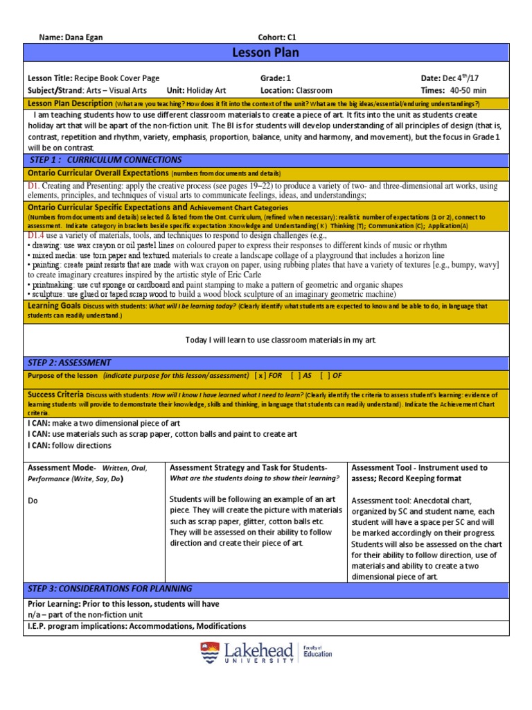 Lesson Plan: Step 1: Curriculum Connections | PDF | Teachers ...