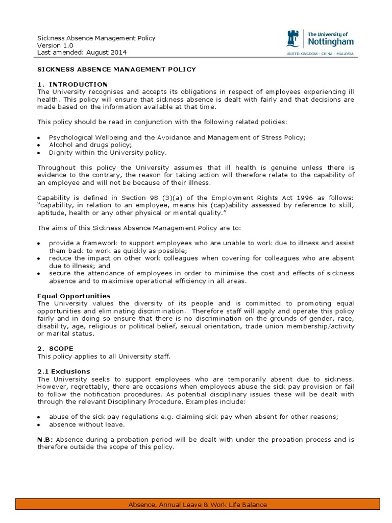 Sickness Absence Management Policy | PDF | Employment | Occupational ...