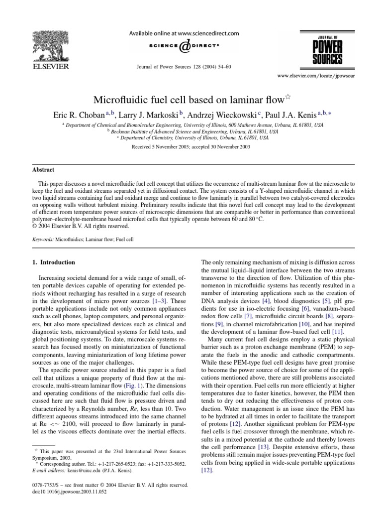 Microfluidic Fuel Cell Based On Laminar Flow: Eric R. Choban, Larry J ...