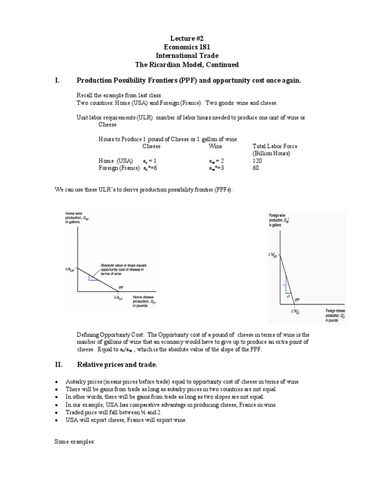 Lecture #2 Economics 181 International Trade The Ricardian Model ...