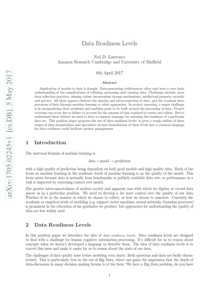 Data Readiness Levels: Neil D. Lawrence Amazon Research Cambridge and ...