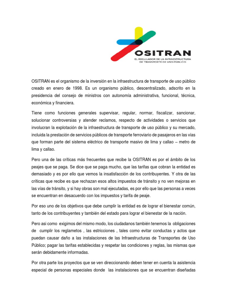 Ensayo Ositran | PDF | Carretera de peaje | Transporte