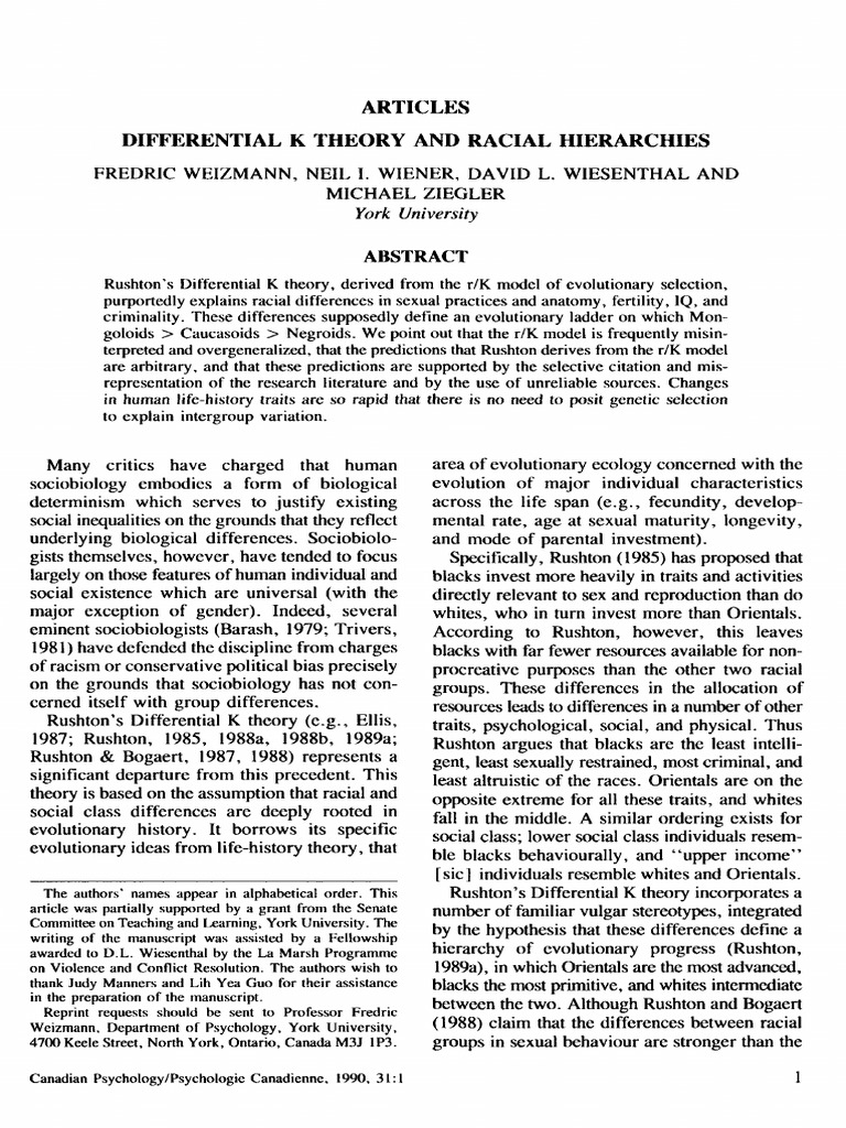Iq Race Brain Size R K Theory Rushton Weizmann Canadian Psychology 1 ...