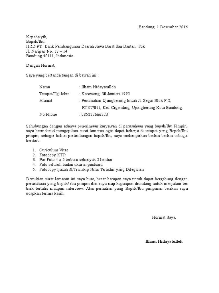 Surat Lamaran Kerja di Bank BJB Syariah | PDF
