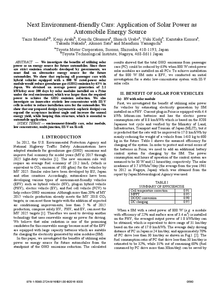 Next Environment-Friendly Cars Application of Solar Power As Automobile ...