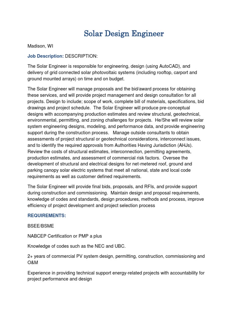 Solar Design Engineer | PDF | Photovoltaic System | Solar Power