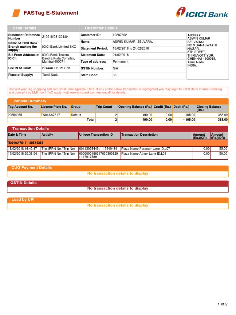 FASTag - Statement10287302636201802218131871 | PDF | Service Industries ...