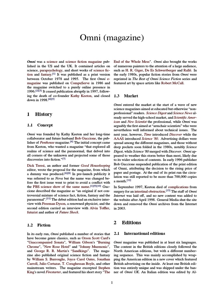 Omni (Magazine) Wikipedia | PDF | Publishing | Newspaper And Magazine