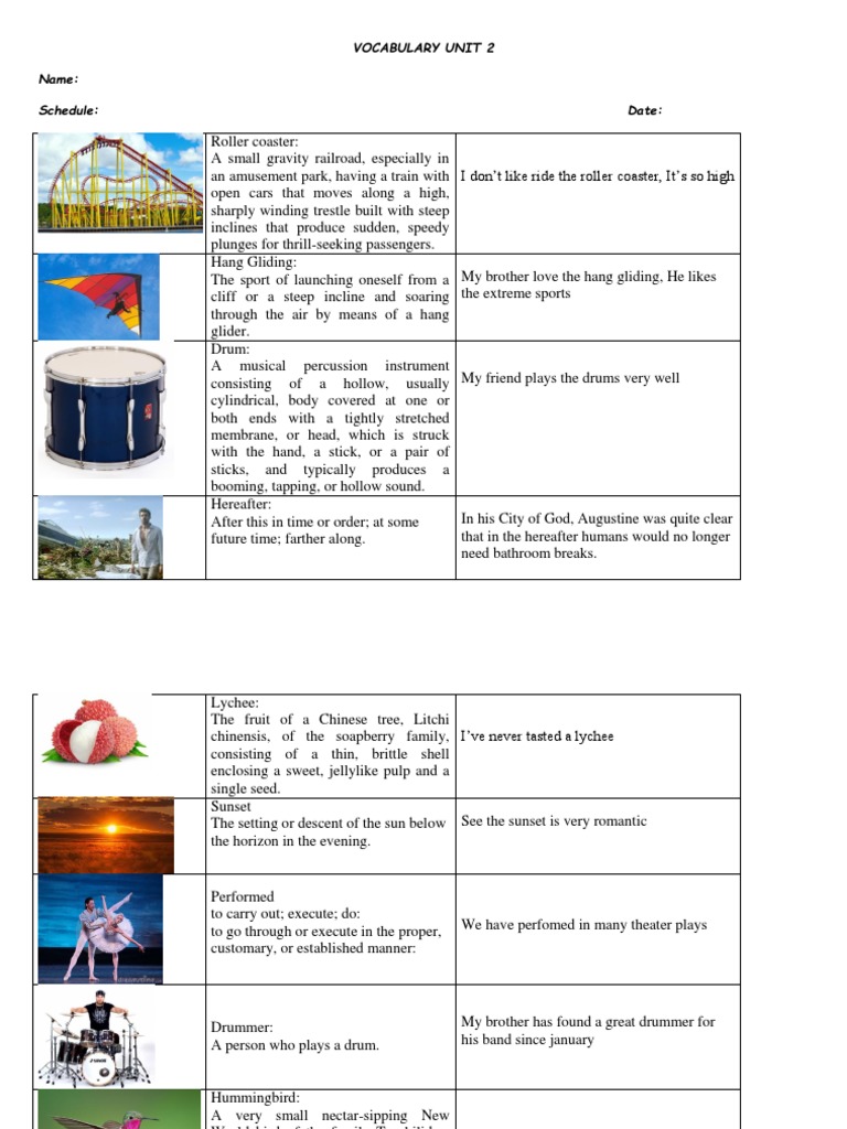 Vocabulary Unit 2 Name: Schedule: Date | PDF | Gliding | Drum