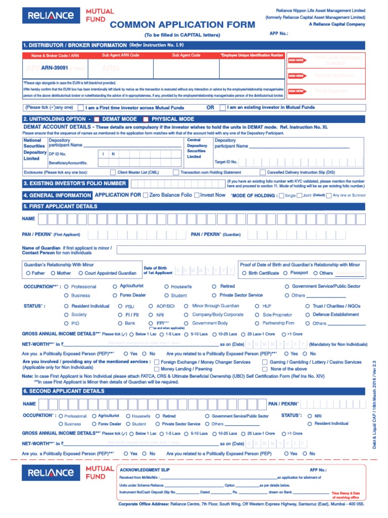 Reliance Tax Saver ELSS CAF Full Form ARN 39091 | PDF | Banking | Money