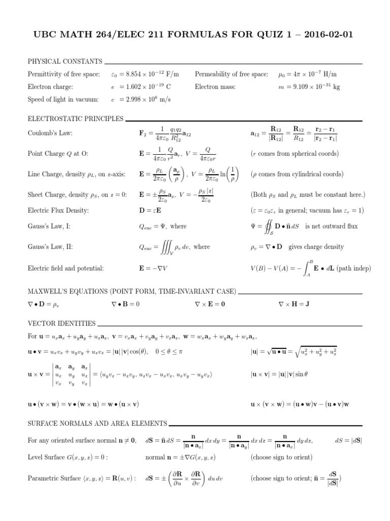 Ubc Math 264/elec 211 Formulas For Quiz 1 - 2016-02-01 | PDF