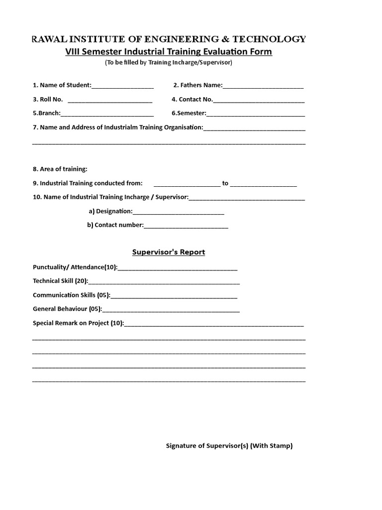 Rawal Institute of Engineering & Technology VIII Semester Industrial ...