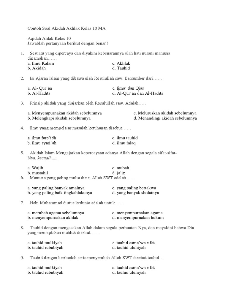 Contoh Soal Akidah Akhlak Kelas 10 MA | PDF