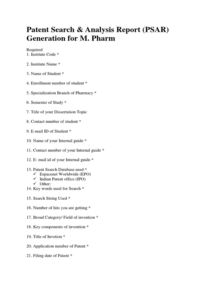 Patent Search & Analysis Report (PSAR) Generation For M. Pharm | PDF