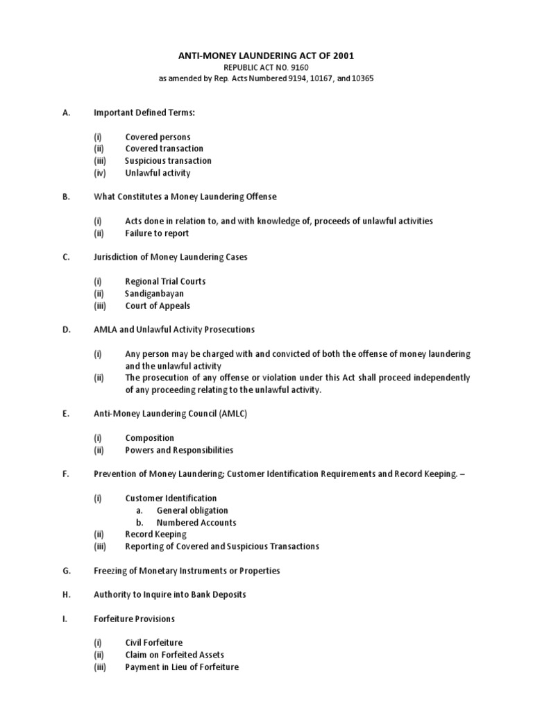 Anti-Money Laundering Act of 2001: Republic Act No. 9160 As Amended by ...