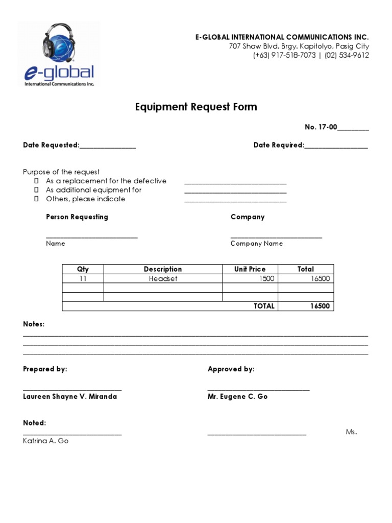 Equipment Request Form: Name Company Name | PDF