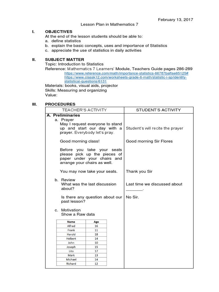 Grade 7 Statistics Lesson Plan | PDF | Statistics | Lesson Plan