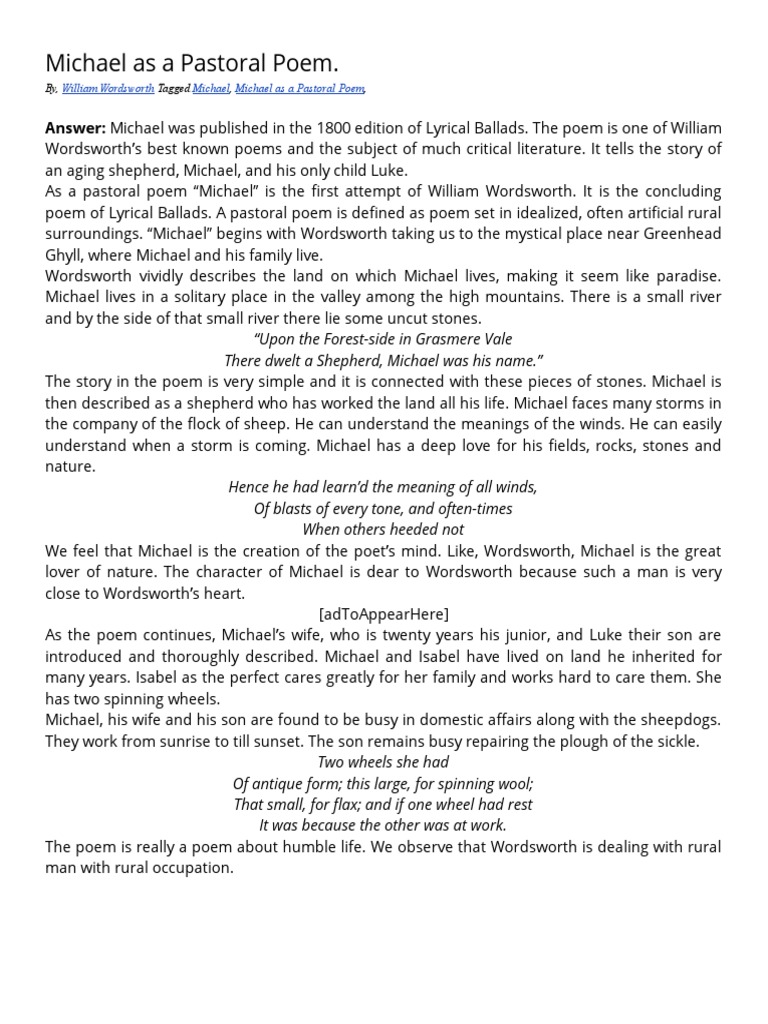 Michael As A Pastoral Poem | PDF | Shepherd | William Wordsworth