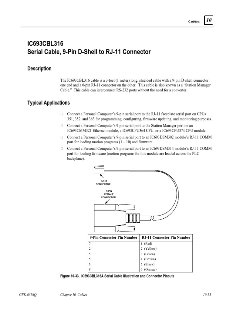IC693CBL316 Serial Cable, 9-Pin D-Shell To RJ-11 Connector: Description ...