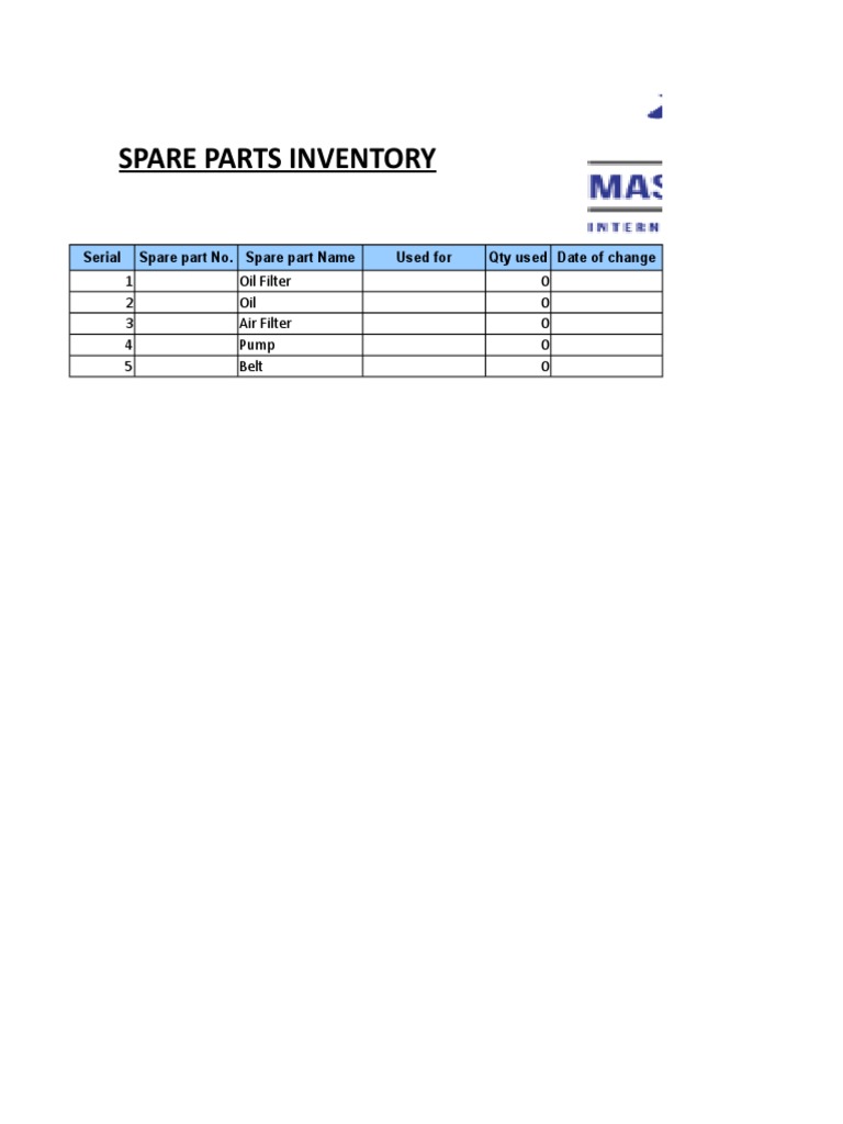 Spare Parts Inventory: 1 Oil Filter 0 2 Oil 0 3 Air Filter 0 4 Pump 0 5 ...