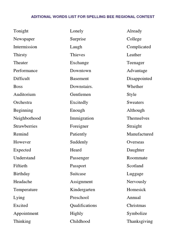 Aditional Words List For Spelling Bee Regional Contest | PDF | Weather