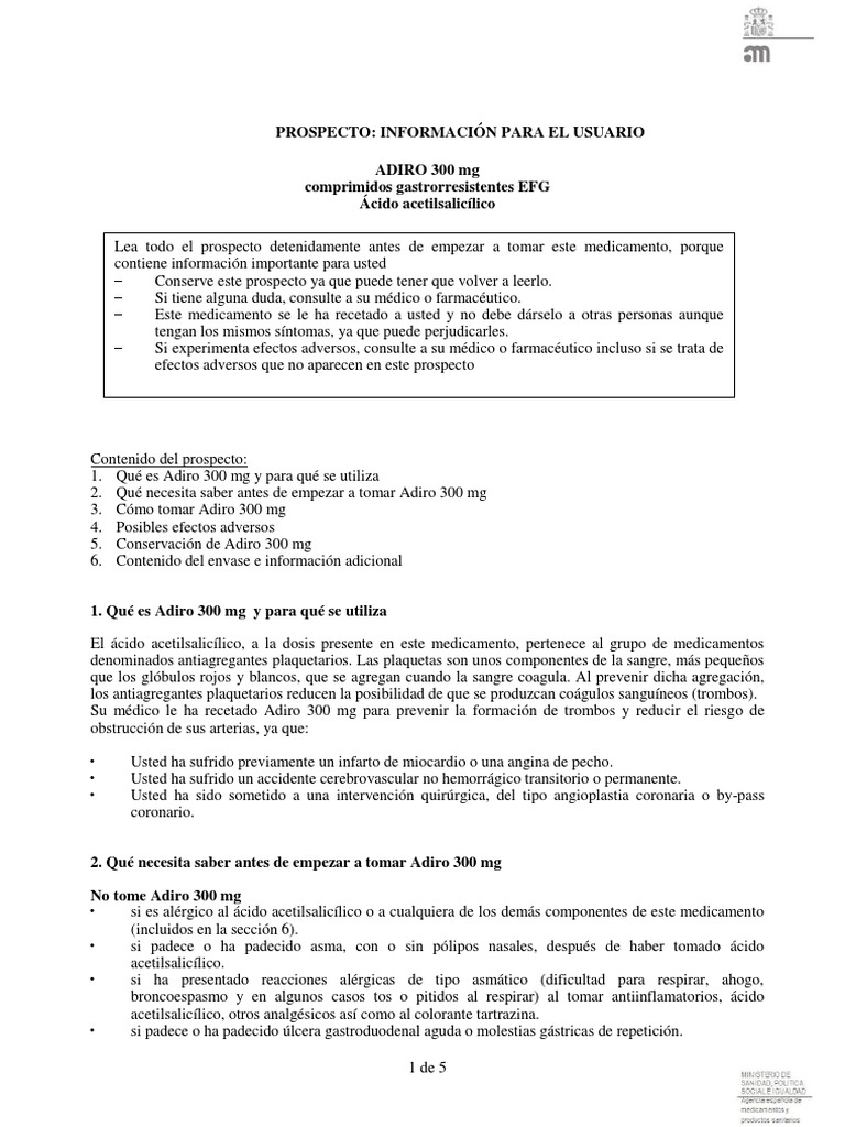 Adiro 300 MG | PDF | Antiinflamatorio | Medicamentos con receta