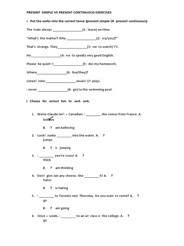 Present Simple Vs Progressive Exercises PDF