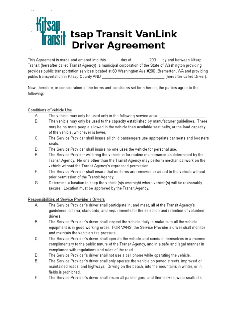 New Vanlink Driver Agreement | Public Transport | Vehicles
