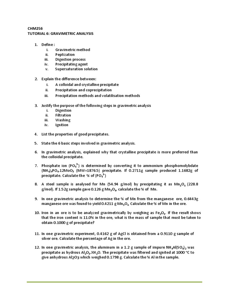 CHM256 - Tutorial 6 | PDF | Precipitation (Chemistry) | Chemical Elements