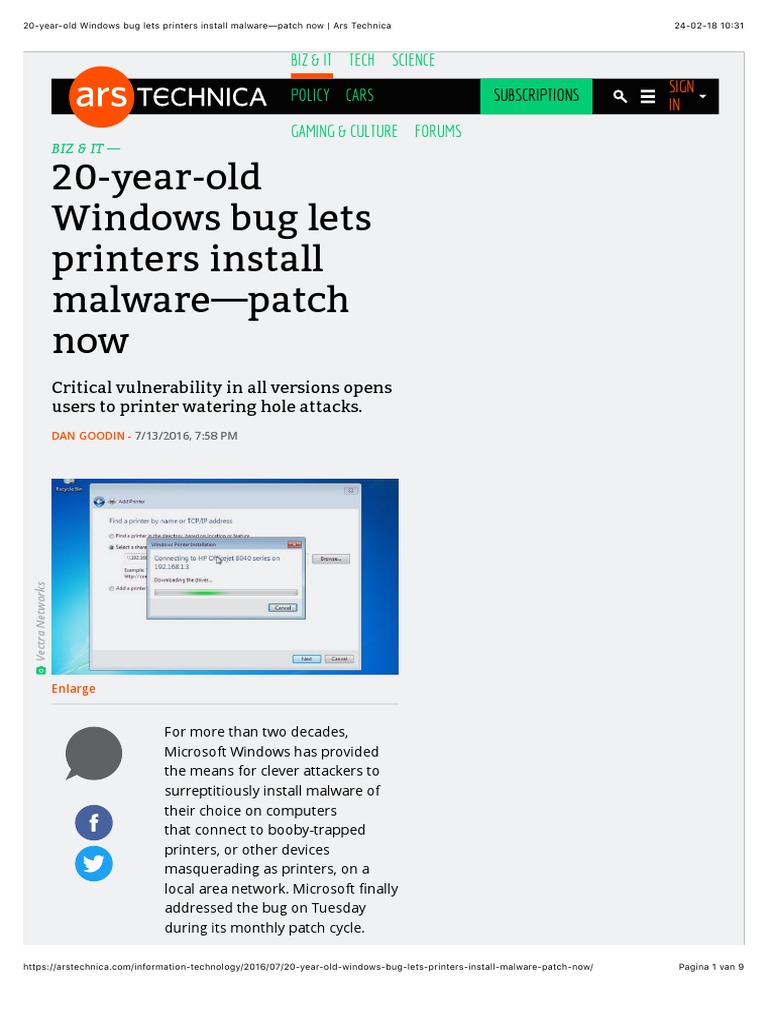 20-Year-Old Windows Bug Lets Printers Install Malware-Patch Now - Ars ...