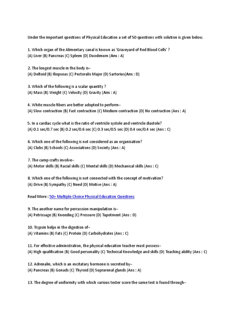 50+ Multiple Choice Physical Education Questions | Download Free PDF ...