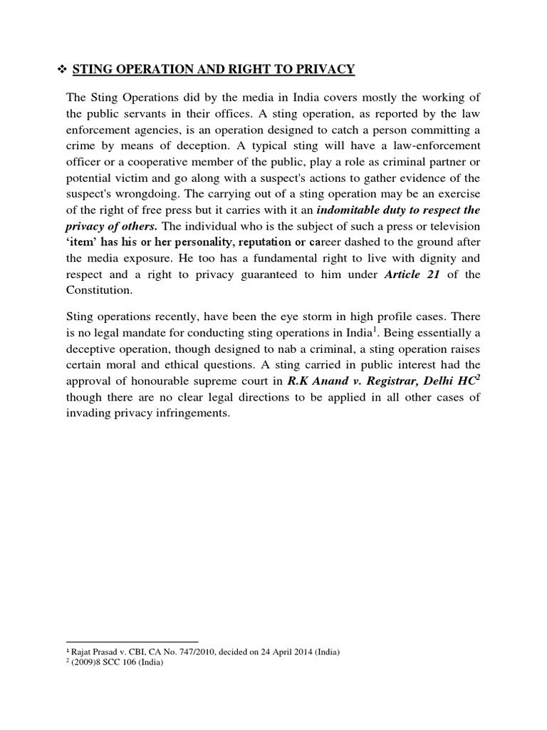 Sting Operation and Right To Privacy | PDF