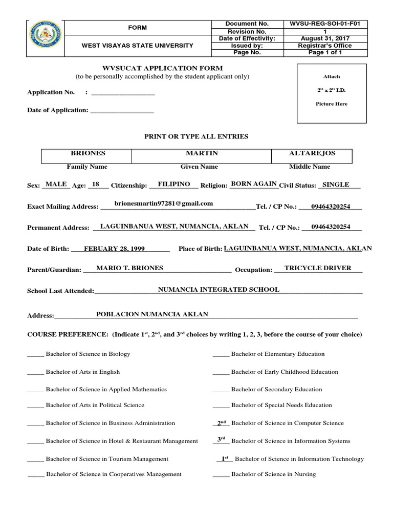 Wvsucat Application Form: (To Be Personally Accomplished by The Student ...