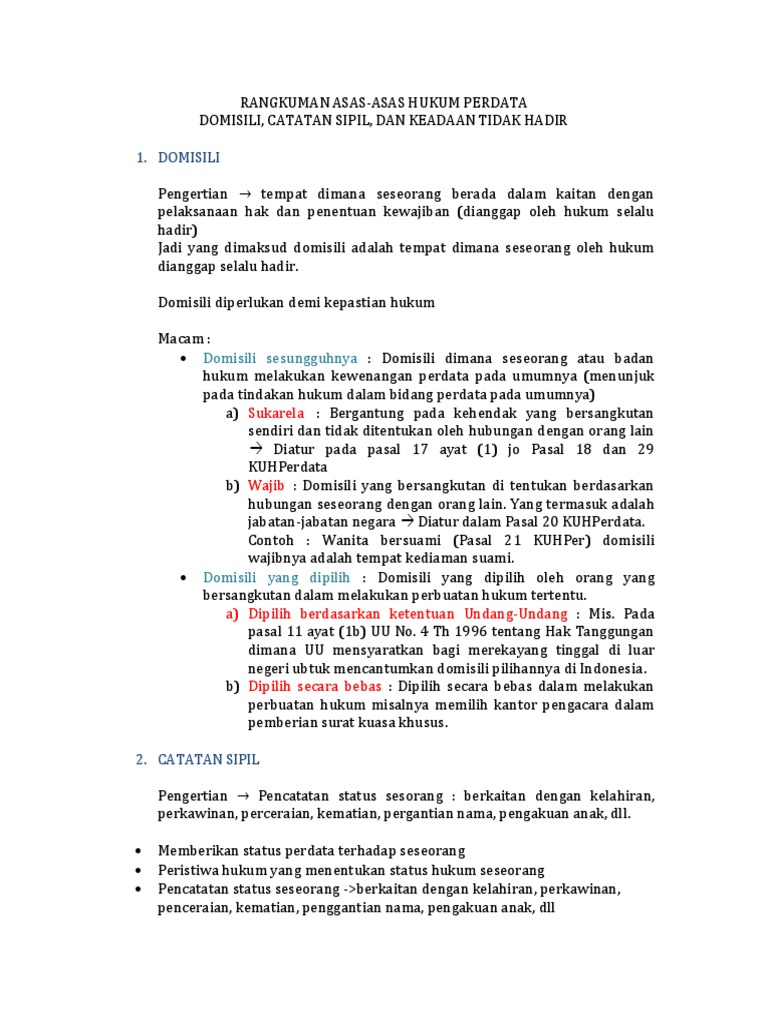 Hukum Perdata: Domisili, Catatan Sipil, Keadaan Tak Hadir | PDF