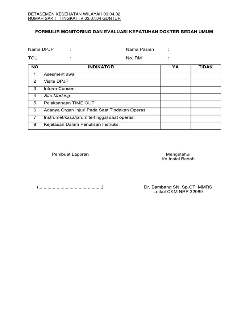 Formulir Monitoring Dan Evaluasi Kepatuhan Dokter Bedah Umum | PDF