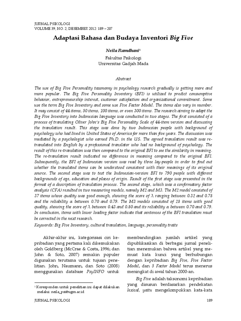 Adaptasi Bahasa Dan Budaya Inventori Big Five: Neila Ramdhani | PDF