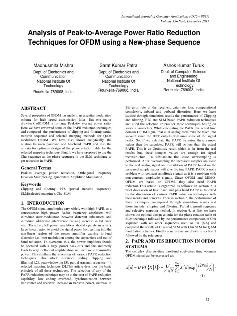 Analysis of Peak-to-Average Power Ratio Reduction Techniques for OFDM using a New-phase Sequence ...