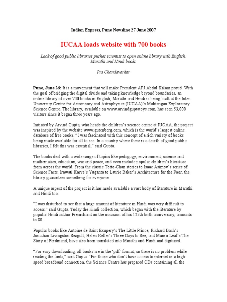 IUCAA Loads Website With 700 Books | PDF | Libraries | Books